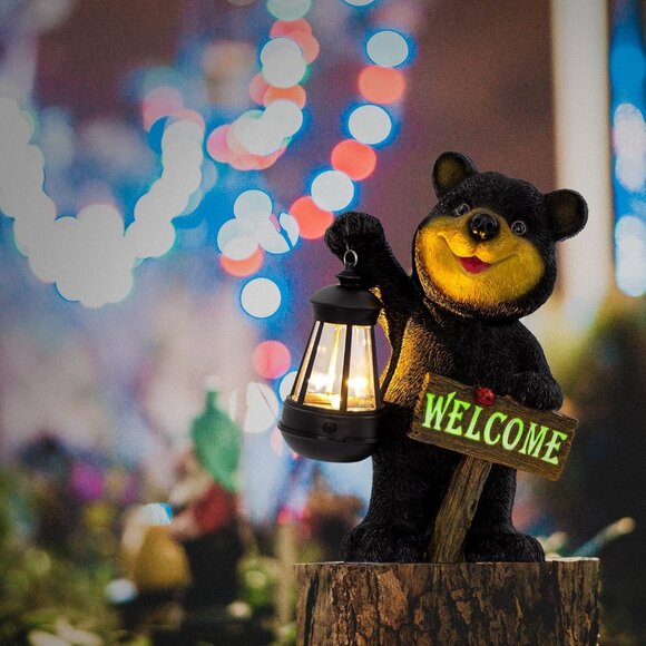 Accents | New Garden Bear Statue With Solar Led Lantern Welcome Sign ...